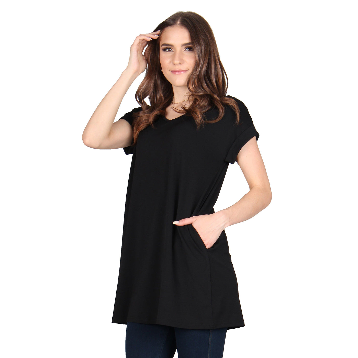 Plus Size Solid Short Sleeve Pocket Tunic — Lildy.com