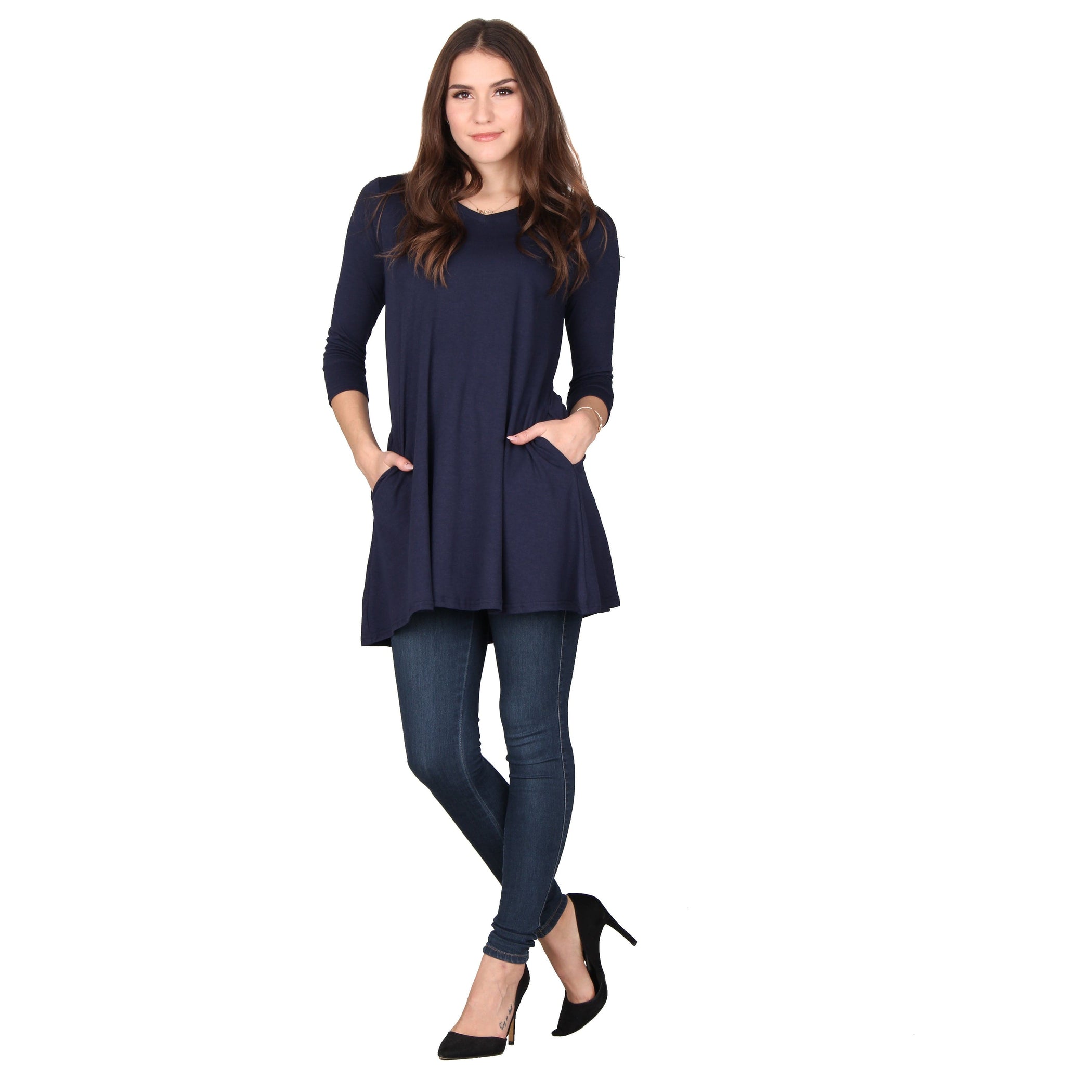 Solid V-Neck 3/4 Sleeve Tunic — Lildy.com